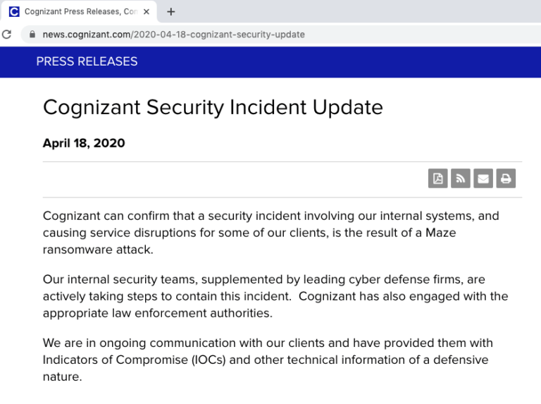 Maze Ransomware Hits Fortune 500 Company Cognizant: What Can We Learn?